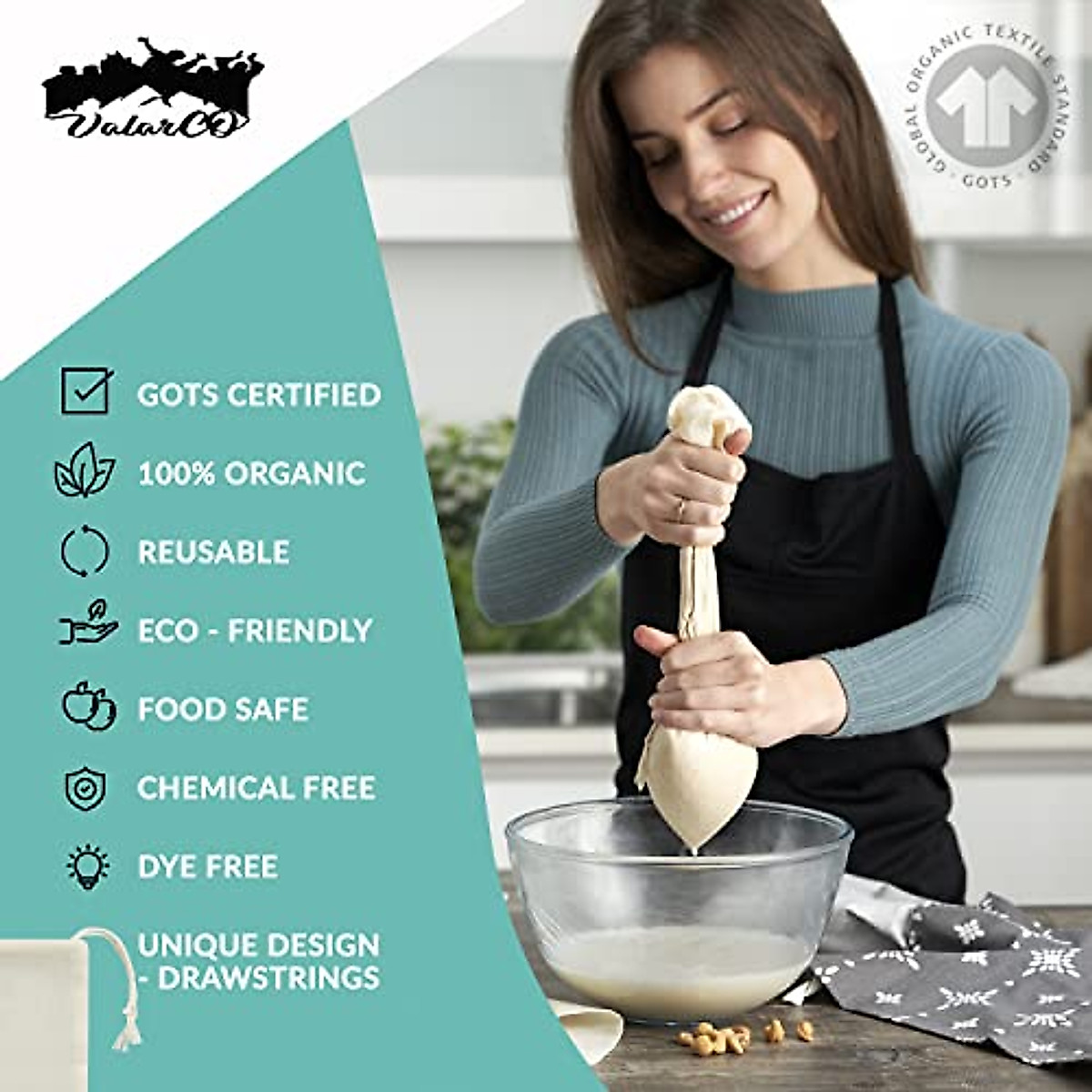 Organic Cheesecloth Nut Milk Bag Strainer 2-Pack, GOTS Certified Cheese Cloths for Straining Food, Yogurt, Juice, Cold Brew Coffee & Tea Filter - Reusable Butter Muslin Greek Yogurt Strainer