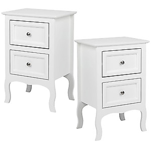 Karl home White Nightstand Set of 2. Farmhouse End Side Table Set of 2 Bedside Nightstands Chest with Drawers Small Night Stand with 2 Drawer and Solid Wood Legs for Bedroom, Living Room