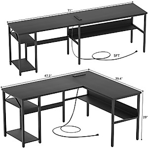 Hyomdeck Reversible L Shaped Computer Desk with Power Outlets and USB Charging Ports, Sturdy Corner Desk with Storage Shelf, Modern Work Gaming Table for Home Office, Easy to Assemble, Black