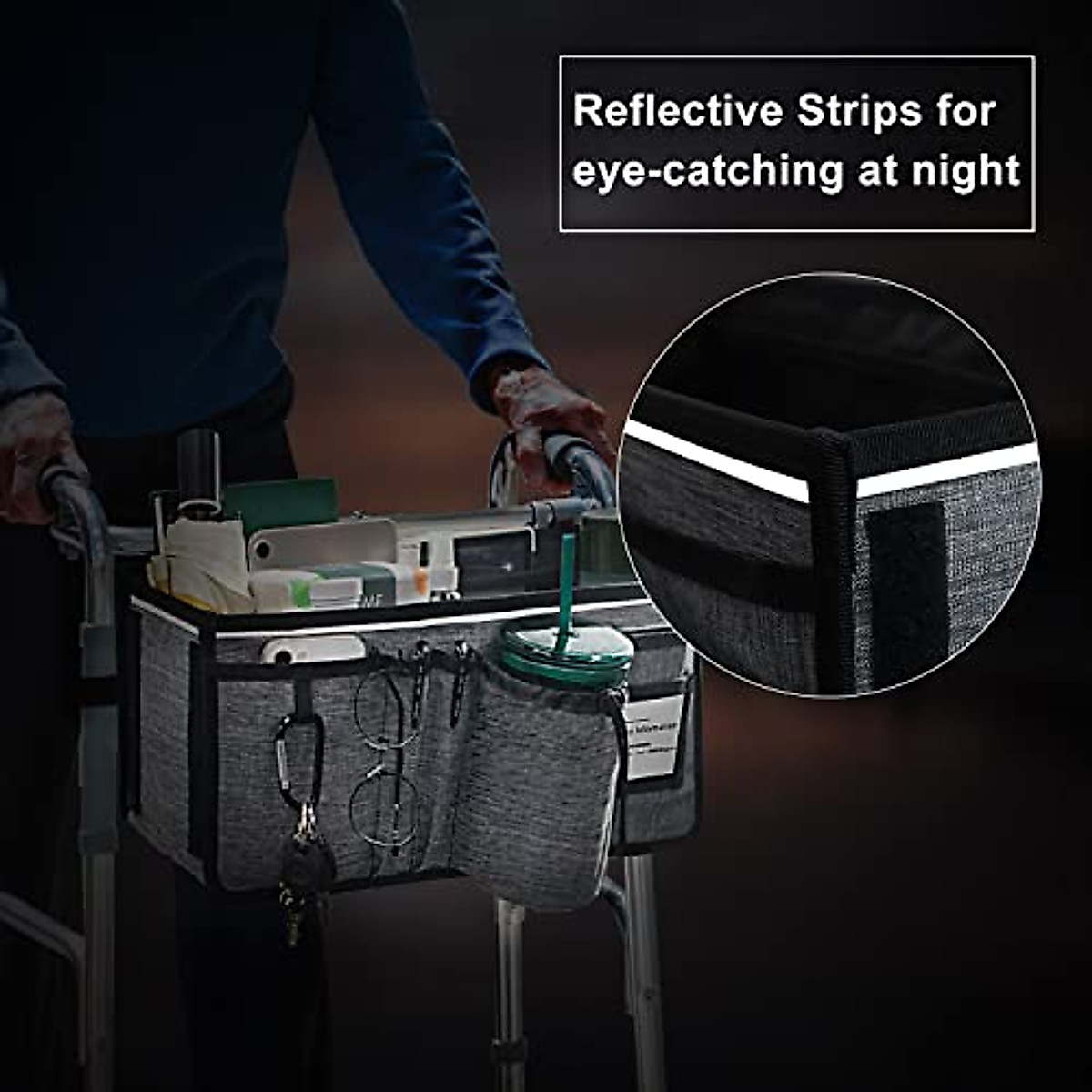 Basket for Walker, Ravmix Walker Accessories Bag with Cup Holder, Walker Basket for Folding Walker Hands-Free Storage Bag with Big Capacity & Never Tipping Over, Space Gray