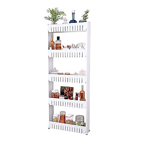 Mobile Shelving Unit Organizer with 5 Large Storage Baskets, Slim Slide Out Pantry Rack for Narrow Spaces by Everyday Home