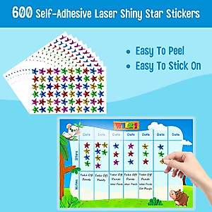 Potty Training Reward Chart, 4 Water/Oil Resistant Weekly Charts, 6 Star-Shaped Diplomas, 600 Laser Shiny Star Stickers, Perfect for Multiple Toddlers’ Motivational Toilet Training (Each 11” X 7”)