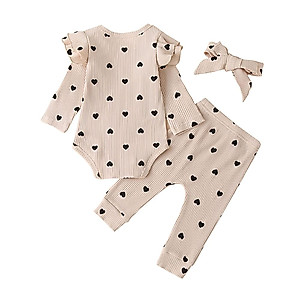 Baby Girl Clothes Infant Girls Outfits 3PC Rib Frill Long Sleeve Romper Pants Headband Set (Apricot, 6-9 Months)