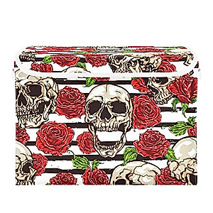 innewgogo Skulls Red Roses Storage Bins with Lids for Organizing Closet Organizers with Handles Oxford Cloth Storage Cube Box for Dog Toys
