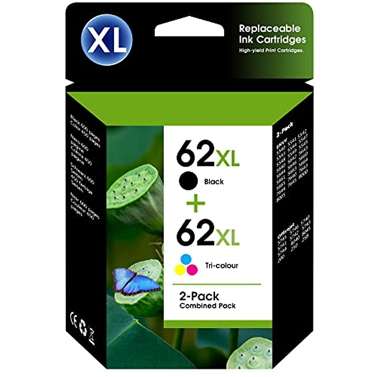 62XL Ink Cartridge Replacement for HP 62XL 62 XL for Envy 5540 5640 5660 7644 7645 OfficeJet 5740 8040 OfficeJet 200 250 Series Printer 2-Pack(1Black&1Tri-Color)