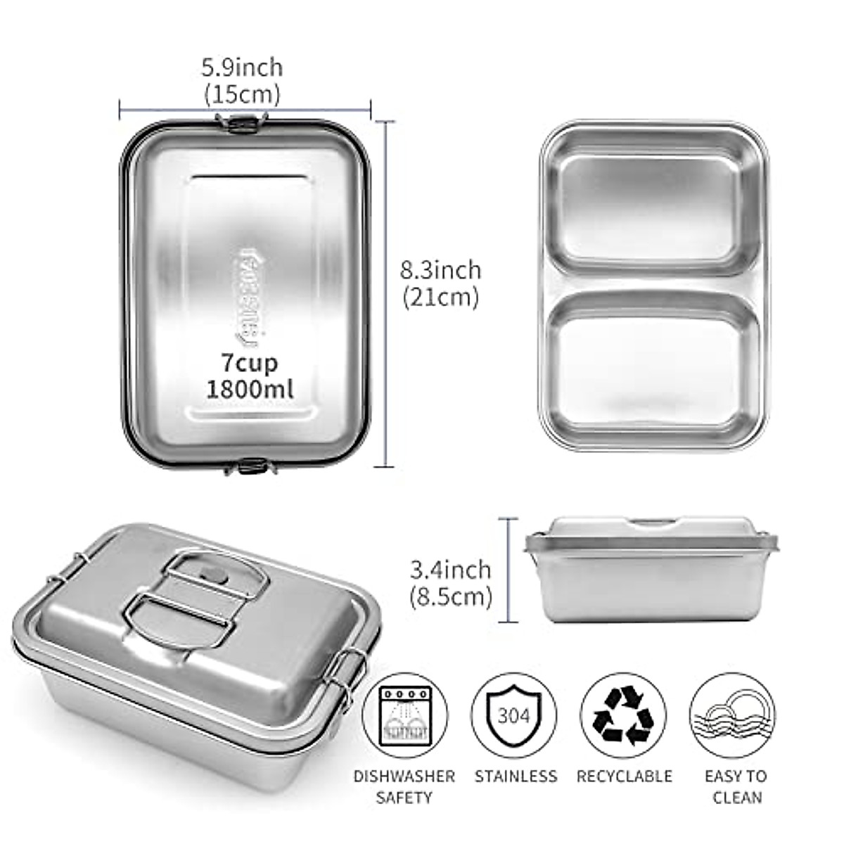 Double Layer Stainless Steel Bento Lunch Box - 1800ML Leak Proof Container with Safety Latch, Chopsticks and Spoon Included. Perfect for Adults and Easy to Clean! Dishwasher Safe Metal Bento Box.