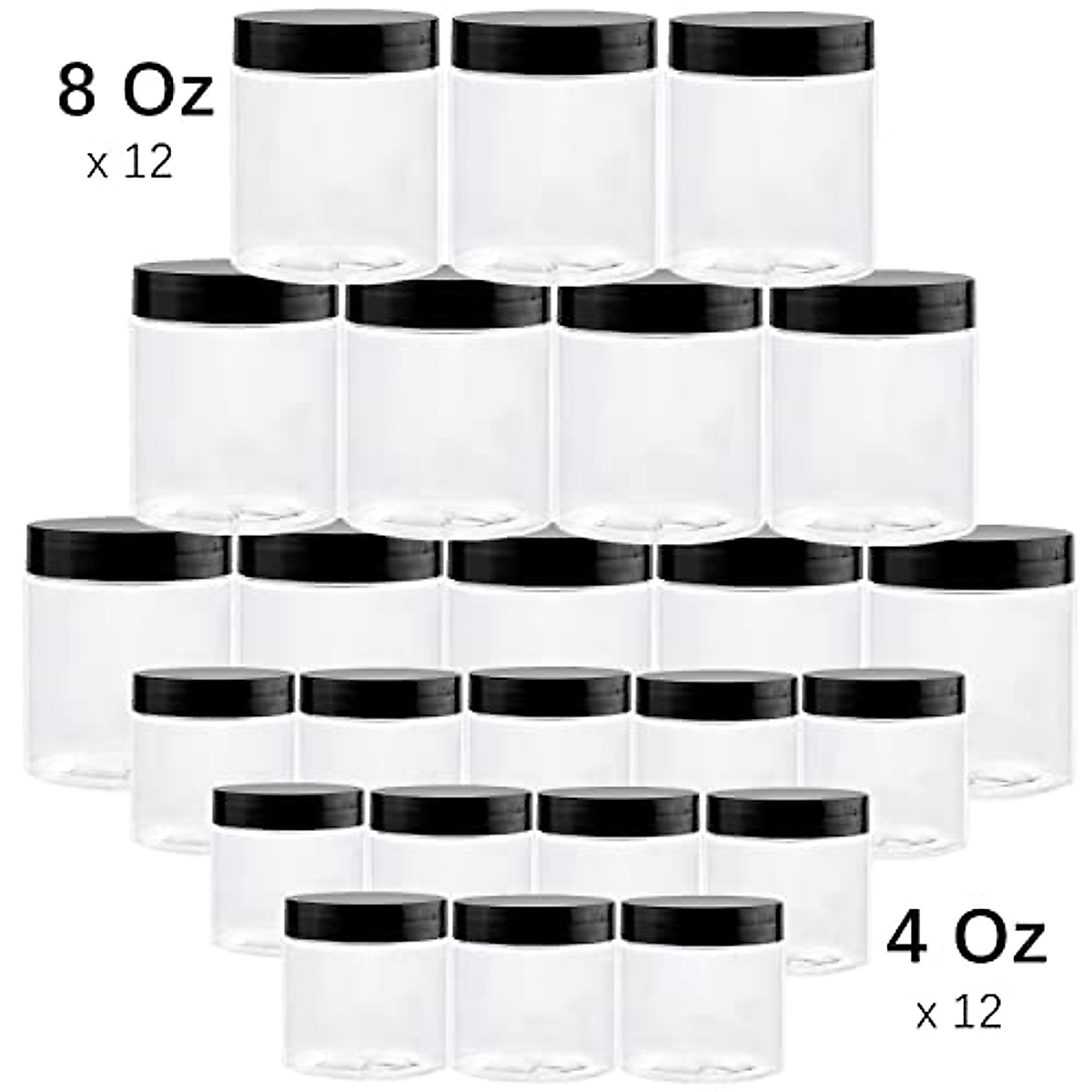 TUZAZO 24 Pack Clear Empty Plastic Slime Containers with Lids and Labels - 12pcs 8 OZ and 12pcs 4 OZ Plastic Storage Jars with Leak-Proof Lids for Slime, Jewelry Making, Cosmetic, Paint and Beads