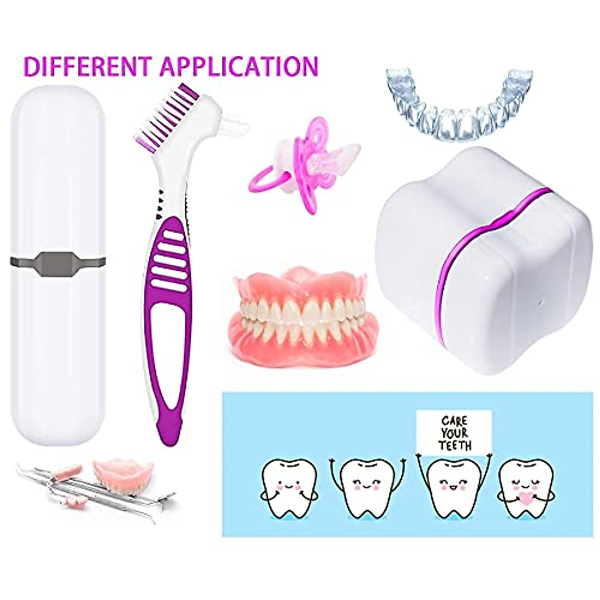 Denture Bath Cases with Denture Cleaner Brushes Denture Cups Denture Boxes Bath Dentures Container with Basket Denture Holder Denture Brush Retainer Case for Travel Retainer Cleaning (Pink)