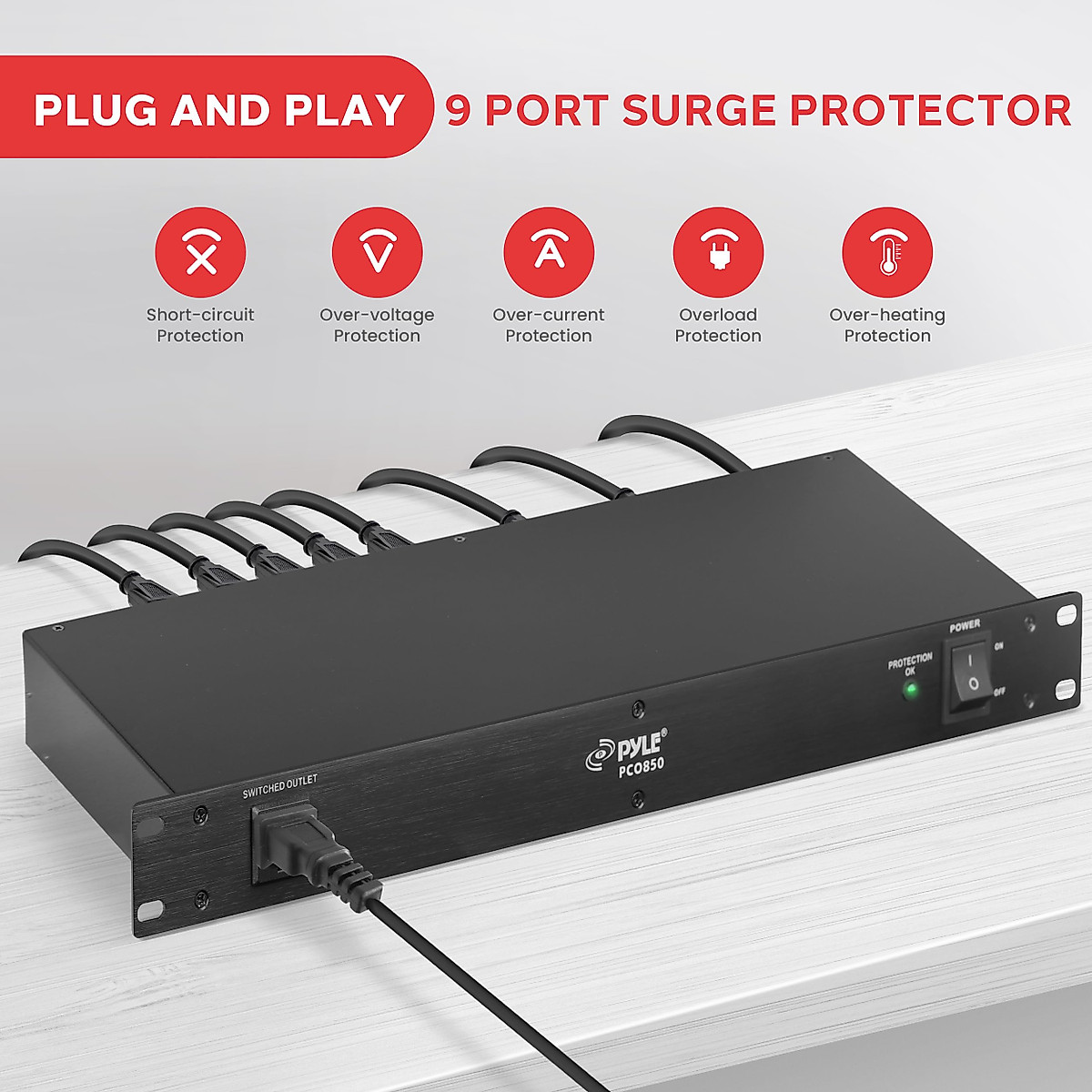 Pyle PDU Power Strip Surge Protector - 150 Joule 15 Amp 9 Outlet, Heavy Duty Electric Extension Cord Strip - 1U Rack Mount Protection Power Outlet Strip W/ AC Filter - PCO850