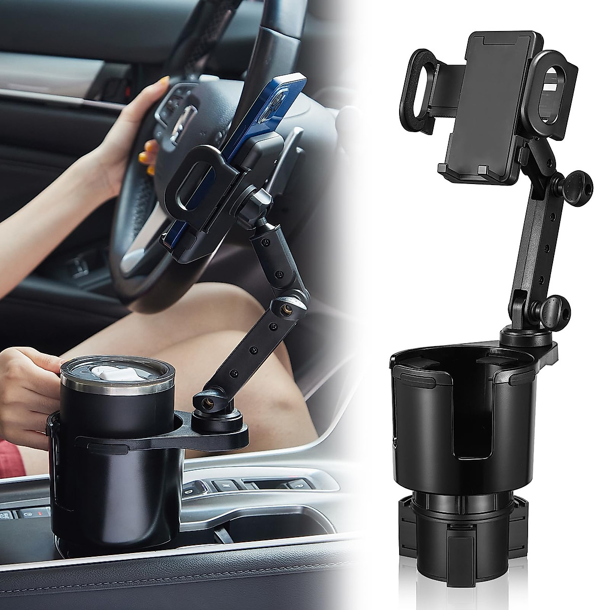 SCRWVESS Cup Holder Phone Mount, 2 in 1 Cup Holder Expander for Car Long Arm with 360°Rotation Cup Holder Cell Phone Holder for Car Compatible with All Smartphones