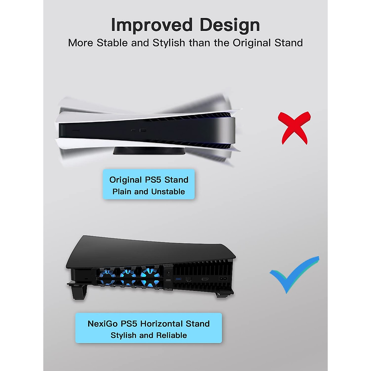 NexiGo PS5 Horizontal Stand with Slient Cooling Fan, [Auto On/Off], [Minimalist Design], Compatible with Playstation 5 Disc & Digital Editions, Built-in LED Light, Extra USB Port, Black