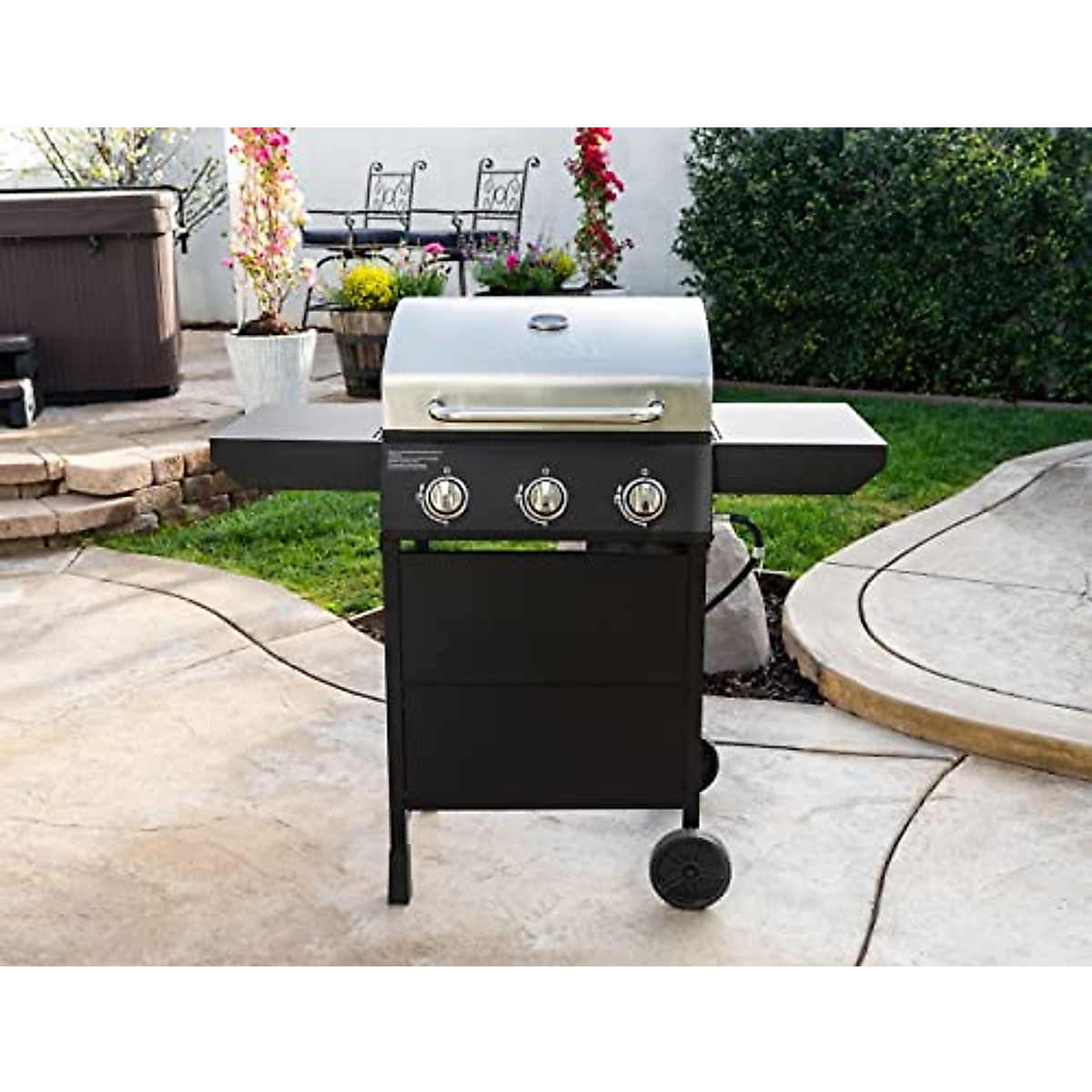 Nexgrill Premium 3 Burner Propane Barbecue Gas Grill, Side Table Open Chart with Wheels, Outdoor Cooking, Patio, Garden Barbecue Grill, 27000 BTUs, Black and Silver
