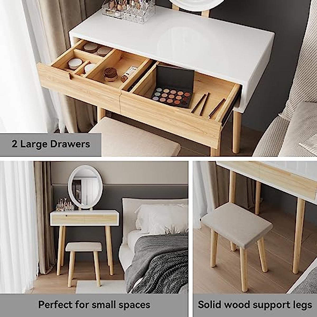 YOURLITE Makeup Vanity Desk with Lights,Small Vanity with Adjustable Brightness Mirror for Samll Spaces,Vanity Desk with Drawers (31.5", Oval Mirror Wood)