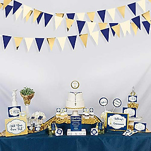 30 Ft Navy Blue Beige Gold Party Decorations Hanging Paper Triangle Flag Pennant Banner Bunting Garland for Bachelorette Engagement Wedding Birthday Baby Bridal Shower Anniversary Hen Party Supplies