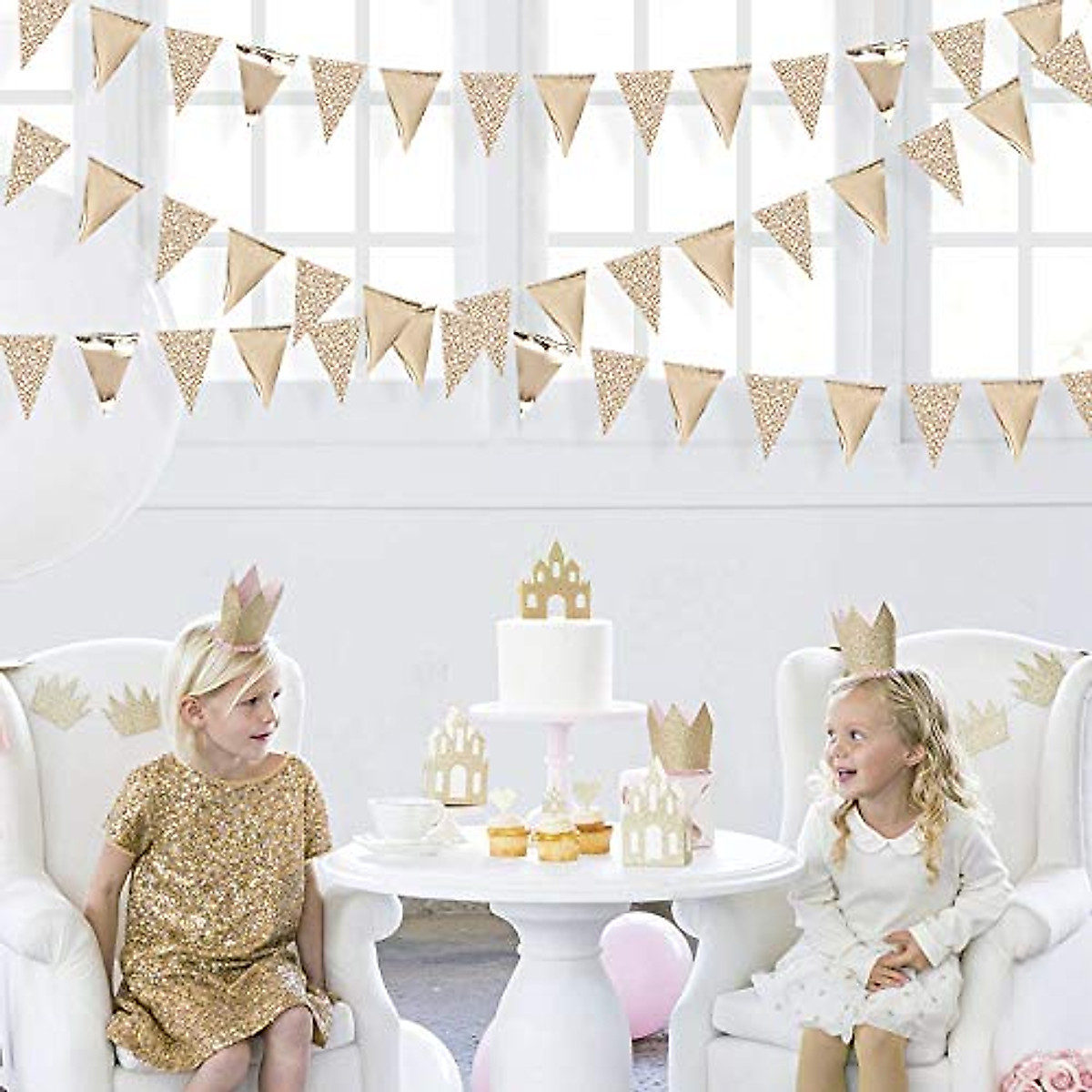 30 Ft Champagne Gold Double Sided Glitter Metallic Triangle Flag Bunting Pennant Banner for Wedding Birthday Holiday Festivals Anniversary Bridal Shower Hen Party Theme Party Decoration Supplies