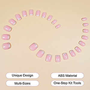 Celepaty French Tip Press on Nails Short Silver Glitter Glossy Glue on Fake Nails Kits Square Oval Full Cover Gel Short False Nails for Women and Girls, 24Pcs