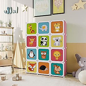 C&AHOME Kids Toy Cartoon Cube Storage Organizer with Doors, 12-Cube Shelves, Closet Cabinet, DIY Plastic Modular Bookshelf Ideal for Bedroom, Living Room, 42”L x 14”W x 56”H Pink UPCS3512P-DOOR