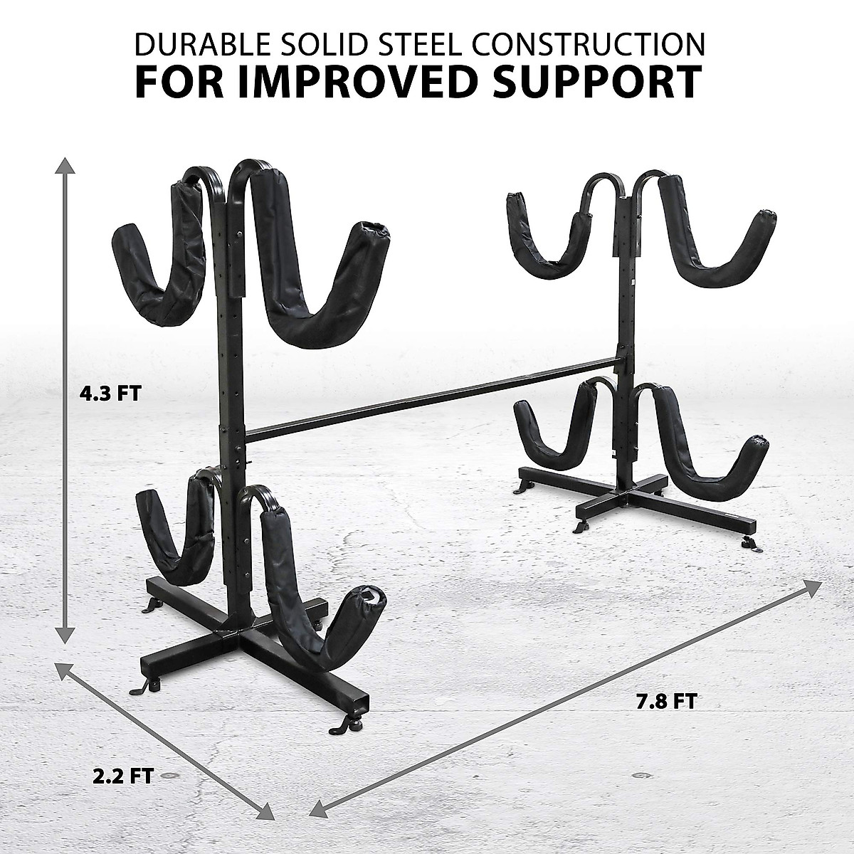 RaxGo Freestanding kayak Rack for 4, Heavy Duty Floor Storage Holder for Four-Kayak, SUP, Canoe & Paddleboard for Indoor, Outdoor, Garage, Shed, or Dock, Adjustable Height