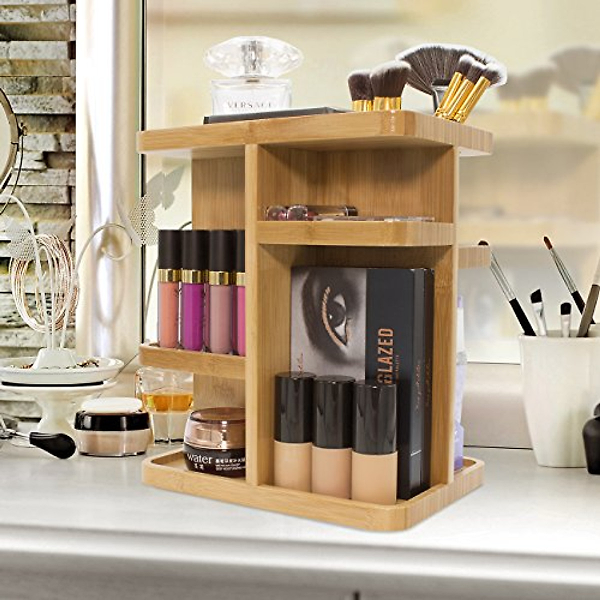 Sorbus 360° Bamboo Cosmetic Organizer, Multi-Function Storage Carousel for Makeup, Toiletries, and More — Great for Vanity, Desk, Bathroom, Bedroom, Closet, Kitchen (Bamboo)