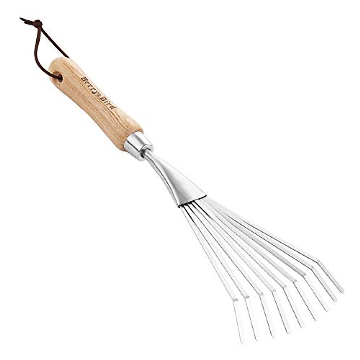 Berry&Bird Gardening Hand Shrub Rake, 14.7" Stainless Steel Grass Rake, 9 Tines Fan Lawn Leaf with Ergonomic Wooden Handle, Small Hand Rake for Sweep Leaves & Loose Debris in Garden, Lawns and Yards
