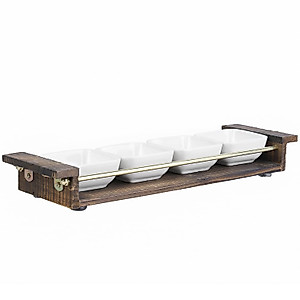 MyGift 5 Piece White Ceramic Small Dip Bowl and Burnt Wood Serving Tray Party Set, Mini Condiment Dipping Bowls for Appetizer, Soy Sauce, BBQ