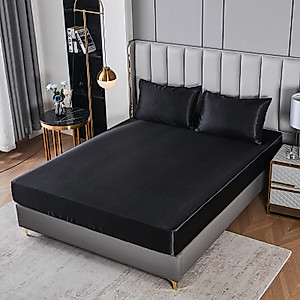 Black Silky Comforter Set Satin Queen Bed in a Bag 8 Pieces Luxury Hotel Silky Bedding with 1 Comforter, 1 Flat Sheet, 1 Fitted Sheet, 4 Pillowcases, 1 Cushion Cover (Queen, Black)