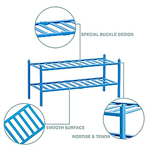 quiqear Bamboo Shoe Rack, 2 Tier Shoe Rack Organizer, Stackable & Durable Shoe Shelf Holder, Free Standing Shoe Racks, Shoe Storage Organizer for Entryway, Closet, Hallway (Blue)