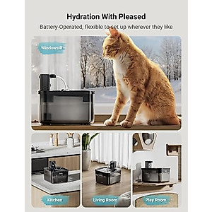 DownyPaws Battery Operated Cat Water Fountain, 84oz/2.5L Fursink Wireless Pet Water Fountain for Cats Inside, Automatic Cat Waterer Fountain with Motion Sensor, Ultra Quiet Pump, BPA-Free, Black