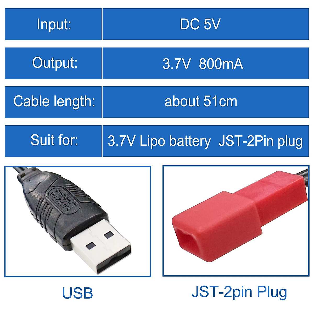 KBT 2-Pack JST-2P USB Charger Cable for 3.7V Li-ion RC Car Battery, 800mA Charging Speed Compatible for 3.7V RC Car Battery