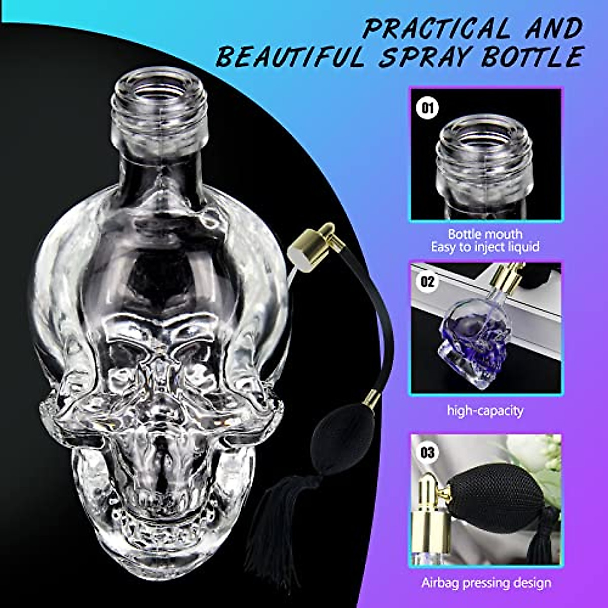muguroom Skull Perfume Mist Spray Bottles Gothic Crystal Glass Vintage Perfume Atomizer,Gold Tassels Refillable Sprayer Cocktail Atomizer Spray (2pc,100ml+50ml)