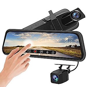 Backup Camera 10 inch Mirror Dash Cam Dual Lens Front Rear Dash Camera 1080P Full Touch Screen Video Streaming Rear View Mirror Loop Recording, Parking Monitor, Night Vision, Waterproof Rear Camera