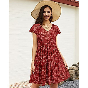 ULTRANICE Summer Sun Dresses for Women 2023 Casual Trendy V Neck Polka Dot Ruffle Mini Dress(Red,S)