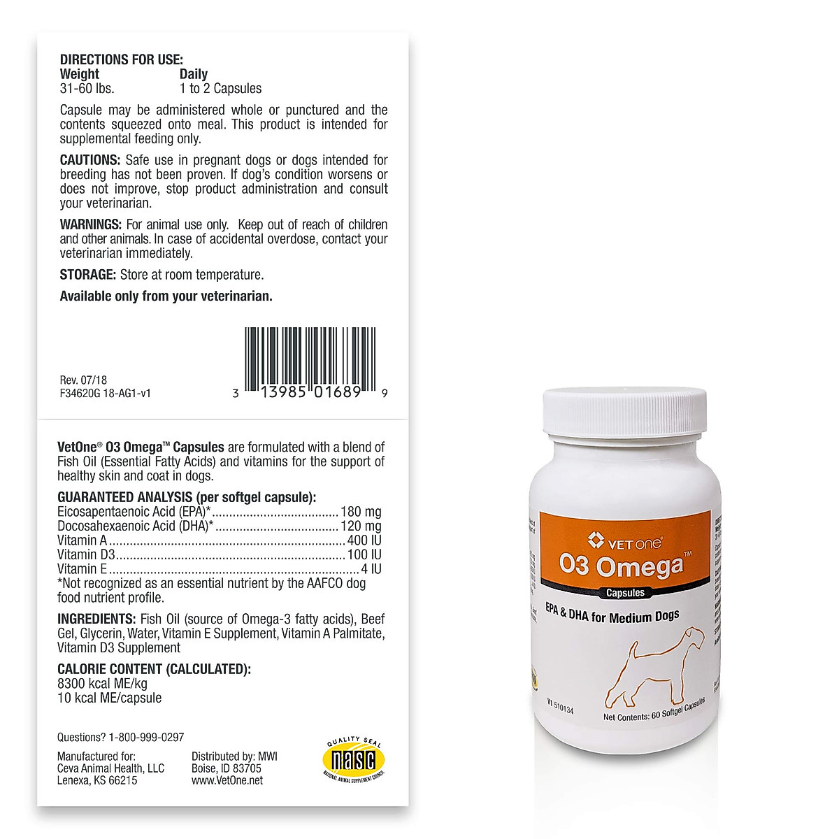 VetOne O3 Omega Soft Gel for Medium Dogs - Essential Fatty Acid Support - Skin & Coat Supplement - 60 Capsules