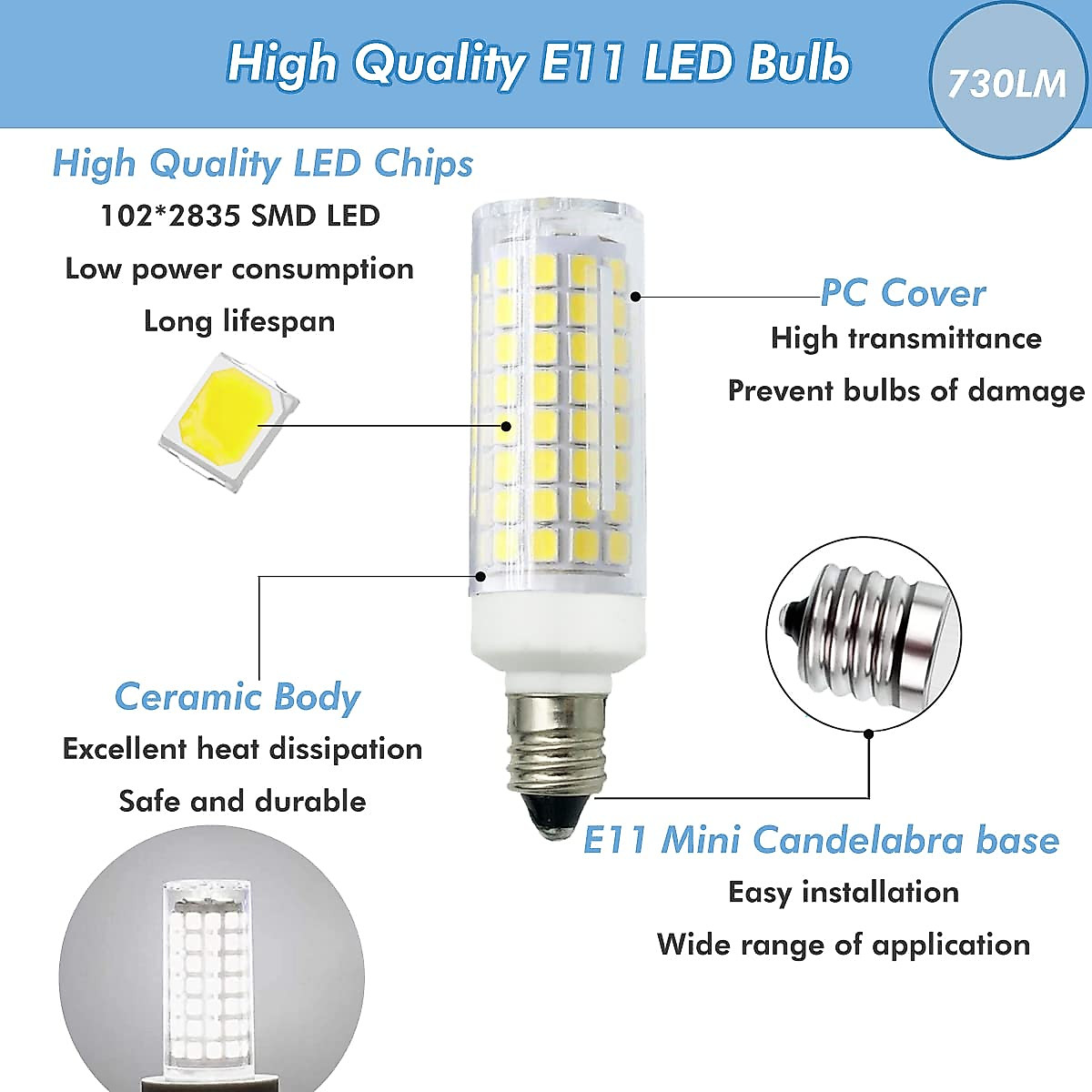ZSSXOLED [Pack of 5] E11 LED Light Bulb 7W Dimmable E11 Mini Candelabra Base 75W Halogen Equivalent, T3/T4 JD E11 LED Corn Bulb for Indoor Chandeliers Cabinet Decorative Lighting White 6000K