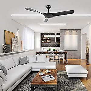 WINGBO 52" DC Ceiling Fan without Lights, Matte Black Ceiling Fan with Remote, 3 Curved ABS Blades, Noiseless Reversible DC Motor, Modern Ceiling Fan for Kitchen Bedroom Living Room, ETL Listed