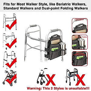Side Walker Bags,Walker Organizer Pounch for Rollator and Folding Walkers,Walker Side Accessories for Elderly, Seniors, Handicap, Disabled (Double Sided) (Black)