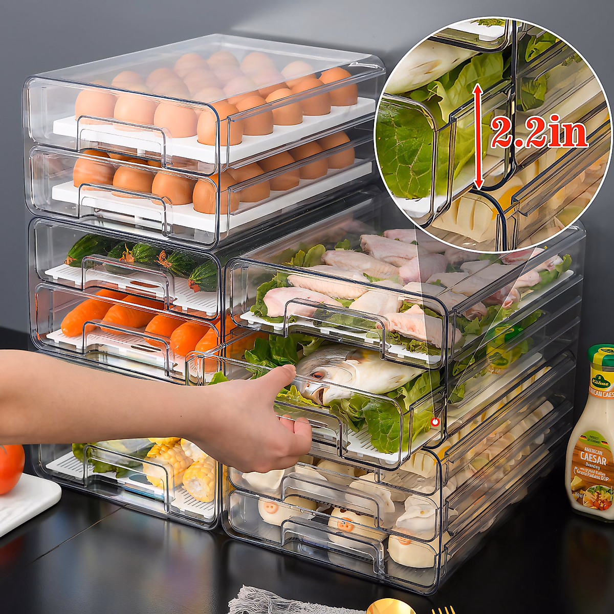 MANO Stackable Refrigerator Drawers Pull Out Bins Double Layer Fridge Organizer Refrigerator Organizer Box Clear Plastic Food Storage Containers Set Produce Saver for Pantry, Freezer, Kitchen Cabinet