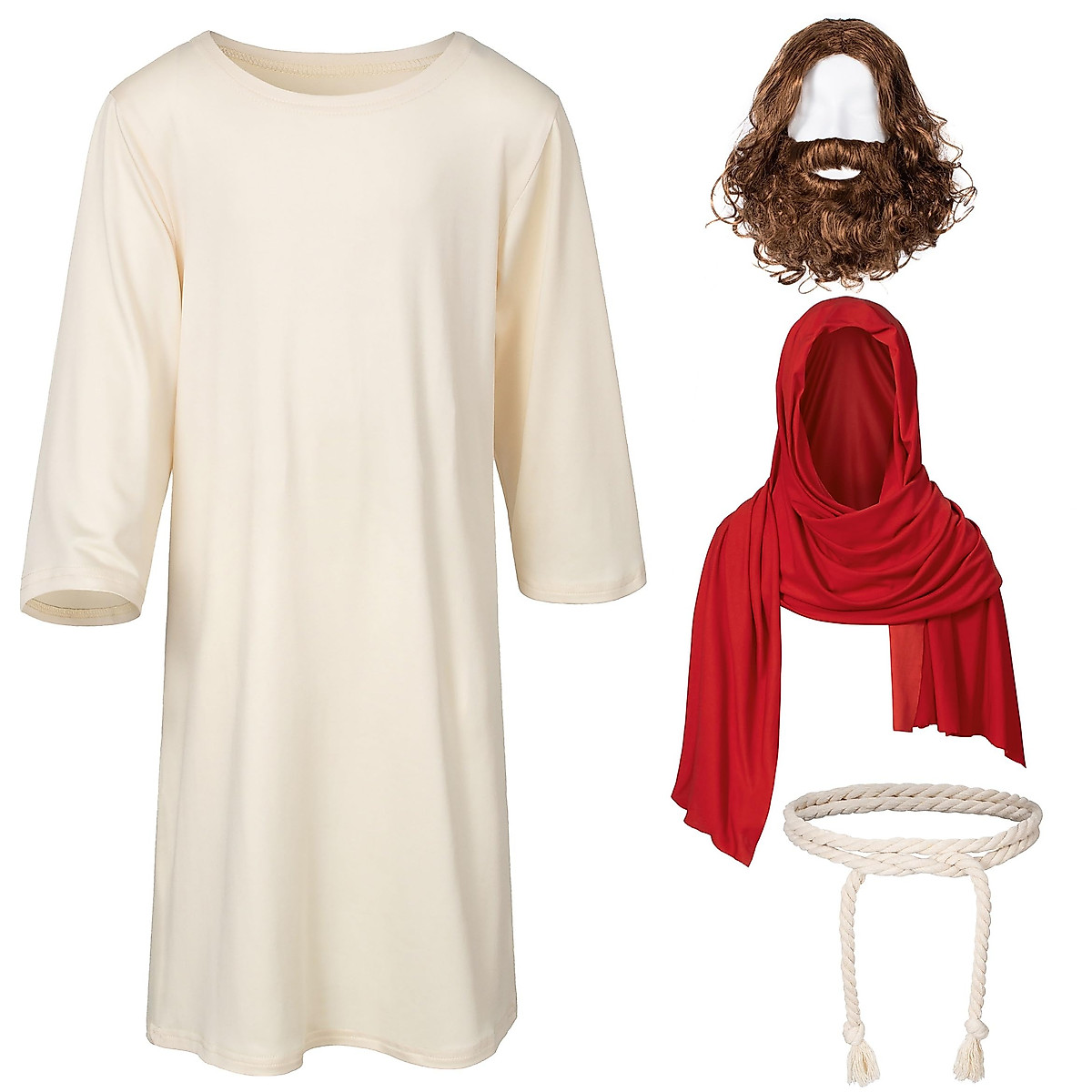 Kids Jesus Saint Religious Biblical Robe Fancy Dress Costume Wig Moustache Scarf Shawl Waist Rope set(Red 3-4 Years)