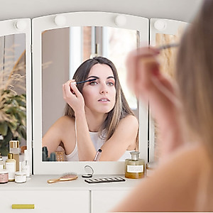 Semiocthome White Makeup Vanity Desk with Mirror and Lights, Make Up Vanity with Power Strip, 39.4" W Vanity Table with 2 Drawers and Stool for Girls, Vanity Set with Gold Metal Frame for Bedroom