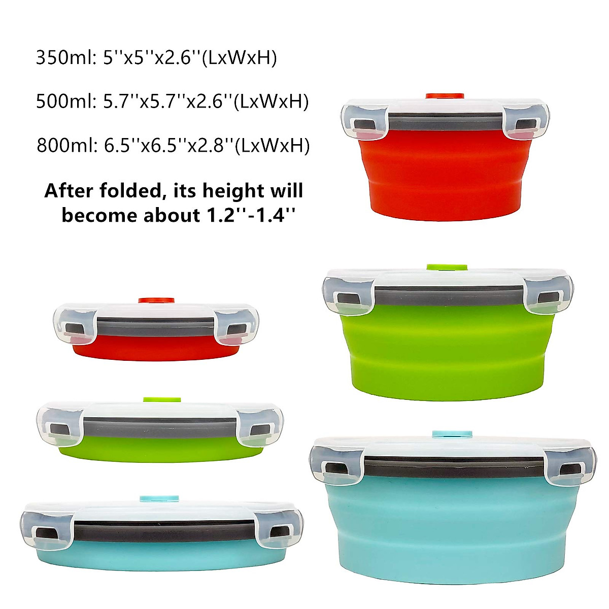 CARTINTS Round Collapsible Bowls with Lids, Reusable Silicone Food Storage Containers, 3Pack 350-500-800ML, Stackable Space Saving, Microwave and Freezer Safe, Meal Prep Container