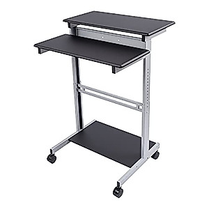 S STAND UP DESK STORE Rolling Adjustable Height Two Tier Standing Desk Computer Workstation (Silver Frame/Black Top, 32 Wide)