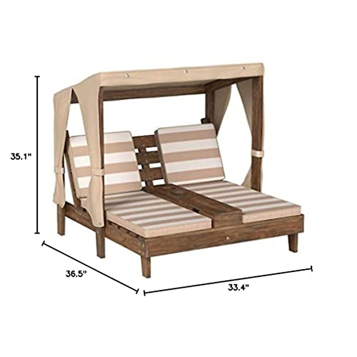 KidKraft Wooden Outdoor Double Chaise Lounge with Cup Holders, Patio Furniture for Kids or Pets, Espresso with Oatmeal and White Striped Fabric