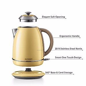 BUYDEEM K640 Stainless Steel Electric Tea Kettle with Auto Shut-Off and Boil Dry Protection, 1.7 Liter Cordless Hot Water Boiler with Swivel Base, 1440W, Mellow Yellow