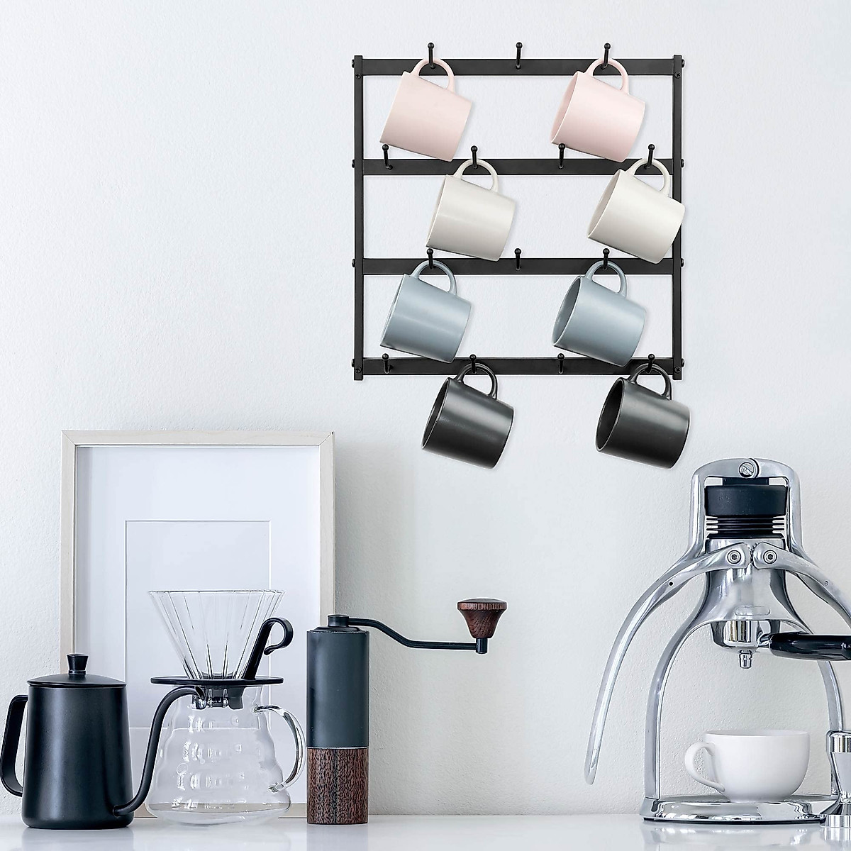 AJART Wall-Mounted Coffee Mug Holder: 14 Hooks Square Coffee Cup Rack - Metal Coffee Mug Holder Organizer Your Cups
