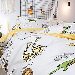 BlueBlue Safari Kids Duvet Cover Set 100% Cotton Bedding for Boys Girls Teens Single Bed Cartoon Lion Elephant Giraffe Monkey Crocodile Pattern Cream White 1 Comforter Cover 2 Pillowcase (Twin, Zoo)