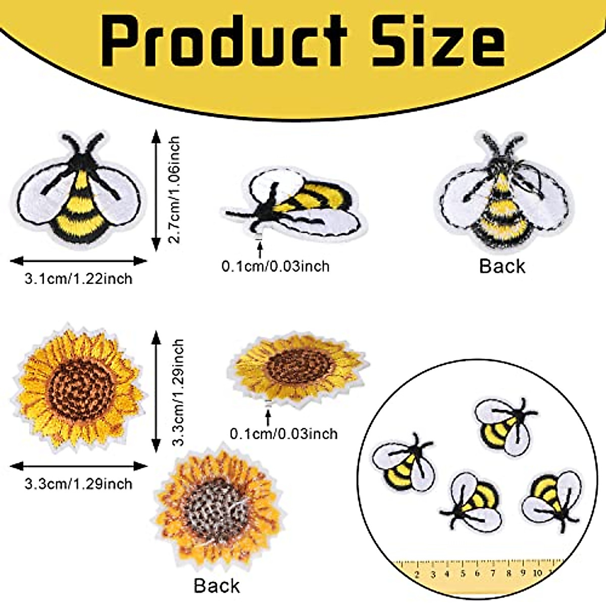 Bee Embroidered Patches, BENBO 30 Pieces Honey Bee Iron On Patch Sunflower Embroidered Applique Bumble Bee Flower Sewing Patches for Bags Jackets Jeans Clothes DIY Decoration Patches