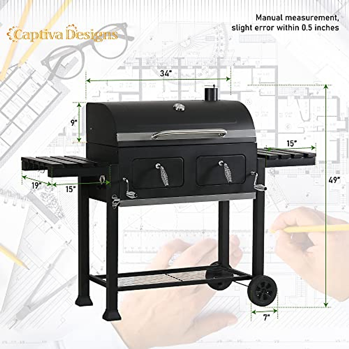 Captiva Designs Extra Large Charcoal BBQ Grill with Oversize Cooking Area(794 sq.in.), Outdoor Cooking Grill with 2 Individual Lifting Charcoal Trays and 2 Foldable Side Tables
