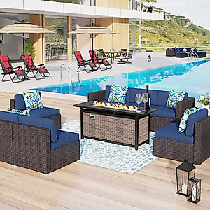 MFSTUDIO 56 Inch PE Rattan Gas Fire Pit Table,50000 BTU Rectangular Outdoor Propane Fire Pit Table with Waterproof Cover and Blue Stone for Patio Courtyard Balcony,Brown