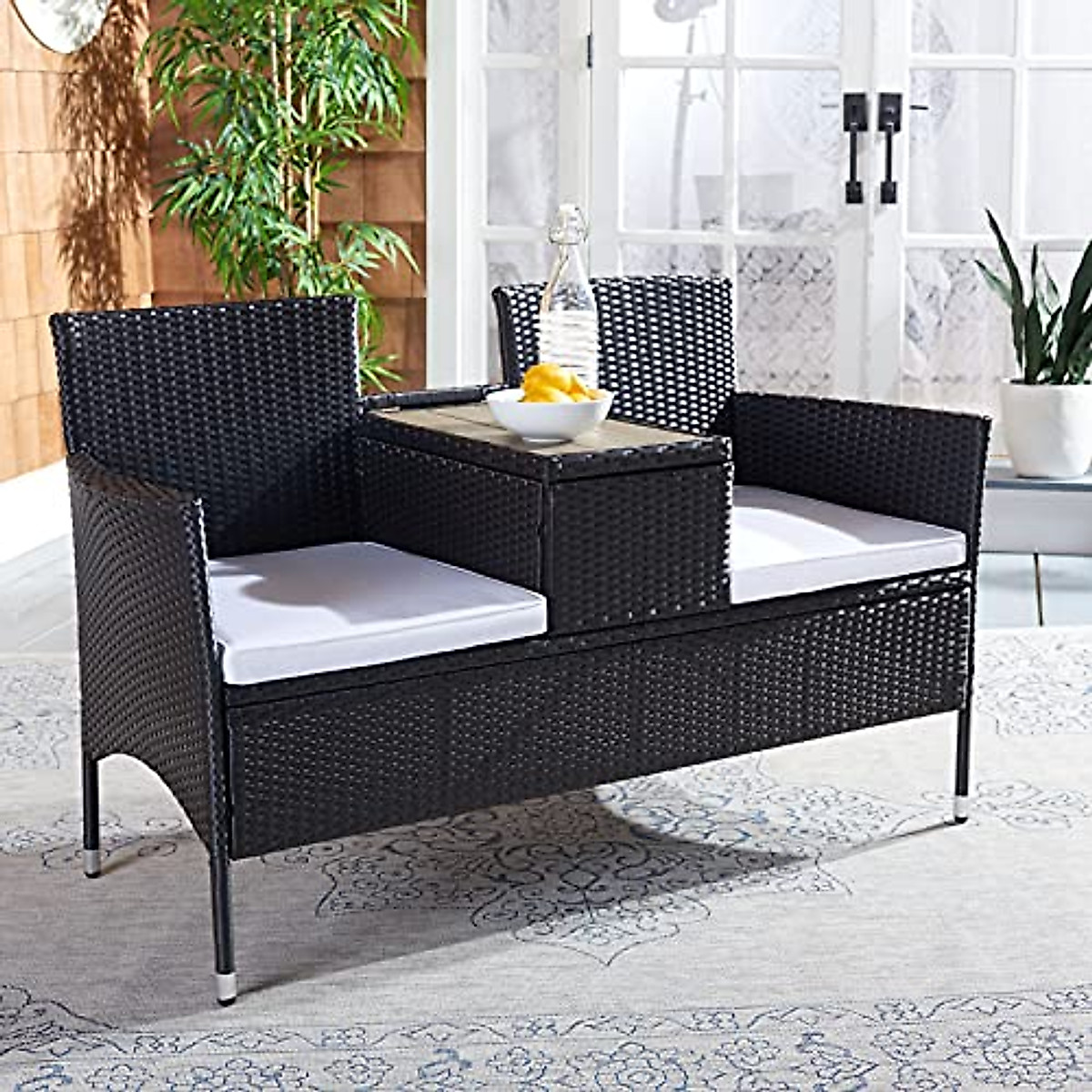 Safavieh Outdoor Collection Viora Wicker Loveseat PAT7710A, Black/White Cushion