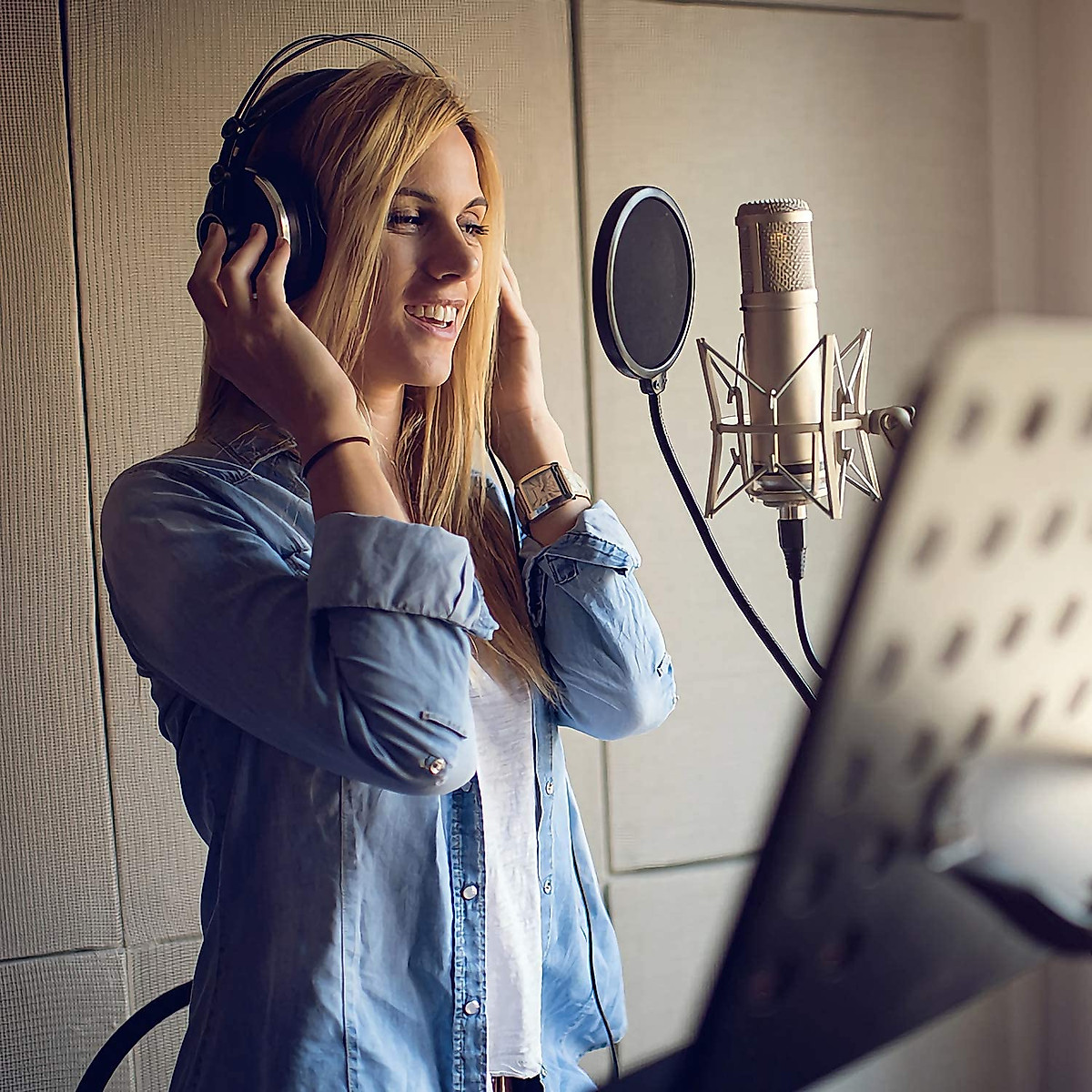 Audio-Technica AT2035PK Studio Condenser Microphone Pack with ATH-M20x Headphones and Cabled Boom Arm with Desktop Headphone Stand, Metal Mesh Microphone Pop Filter and Flexible Pop Filter